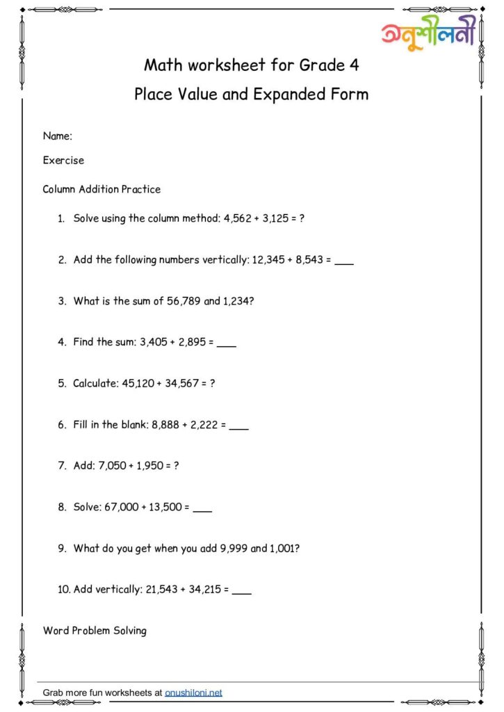 G4-Place Value and Expanded Form-Column Addition Practice-Word Problem ...